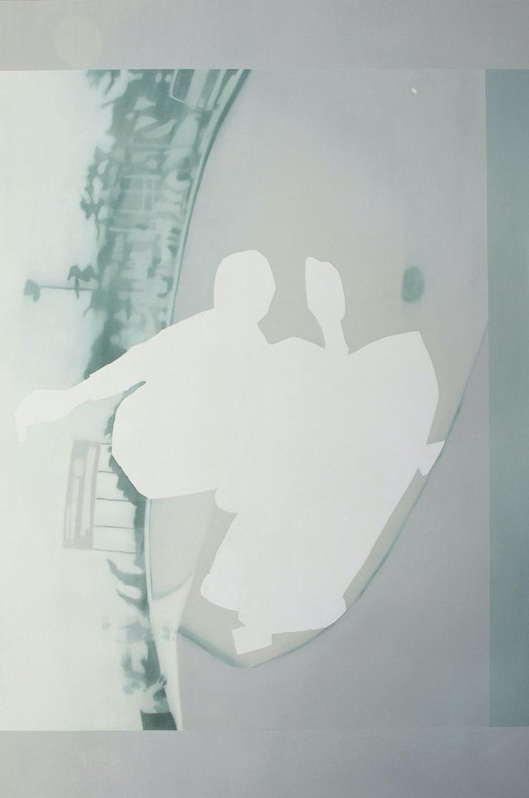 Vivian Kahra - Edge, anonymous figure skateboarding, grey and blue oil ...