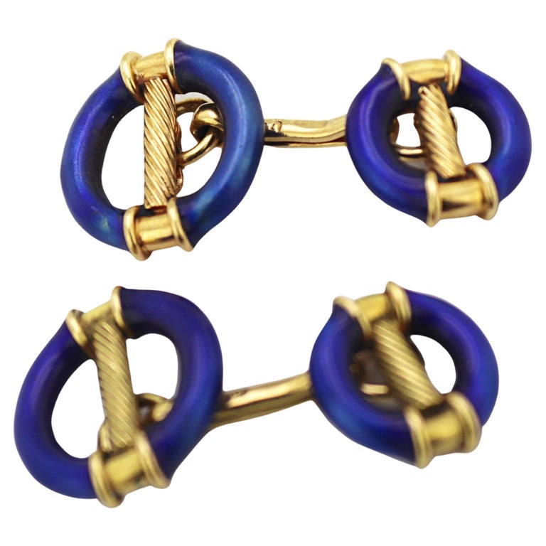 Vivid Blue Enamel Yellow Gold Cufflinks For Sale at 1stDibs