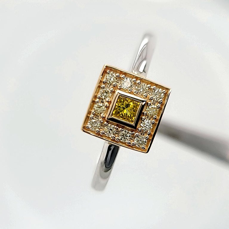 Vivid Yellow Diamond Princess Cut Halo Stackable Ring 14k Gold For Sale ...
