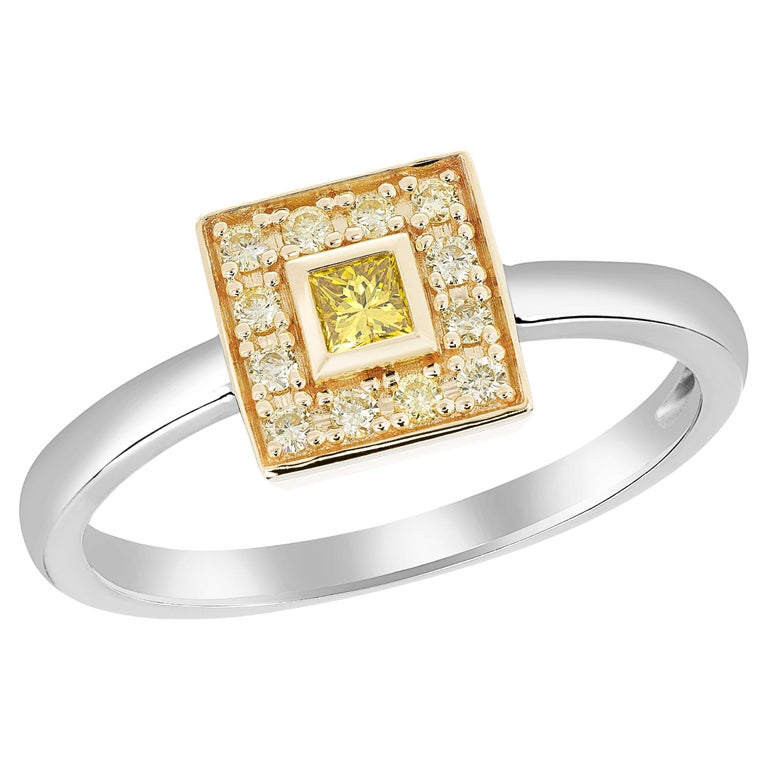 Vivid Yellow Diamond Princess Cut Halo Stackable Ring 14k Gold For Sale ...