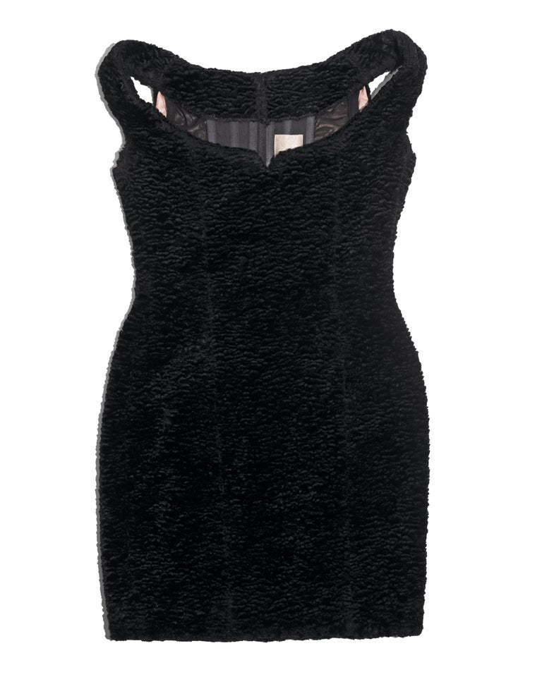 Vivienne Westwood black faux fur mini dress with built in corset, fw ...
