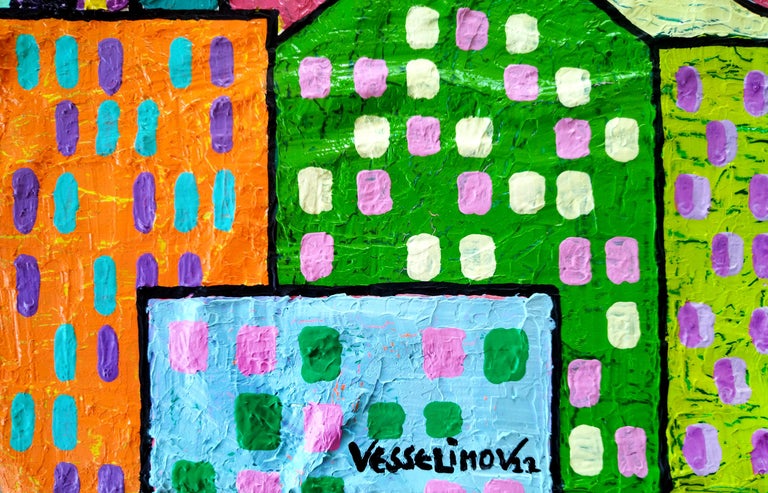 Vlado Vesselinov – „City Windows - Gemälde in Beige in den Farben Gelb ...