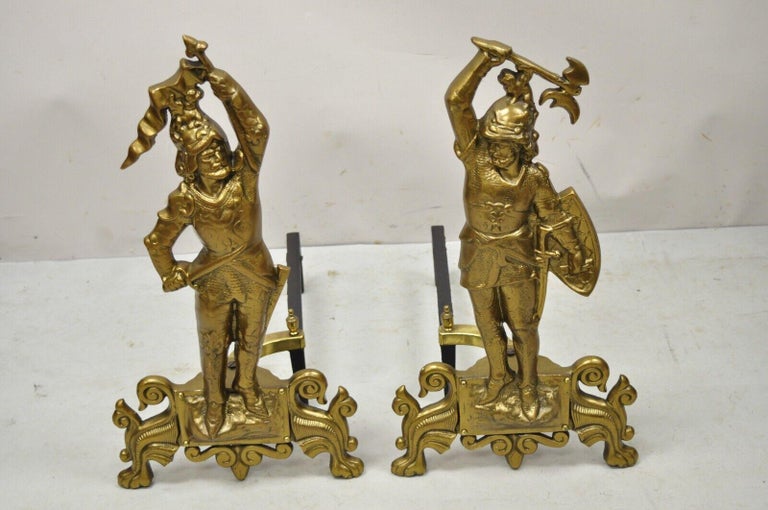 Vtg Cast Brass Figural Renaissance Soldier Warrior Fireplace Andirons ...