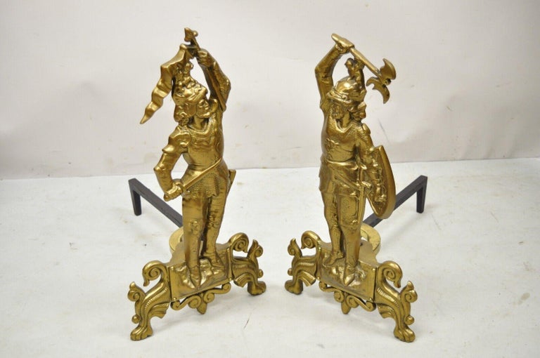 Vtg Cast Brass Figural Renaissance Soldier Warrior Fireplace Andirons ...