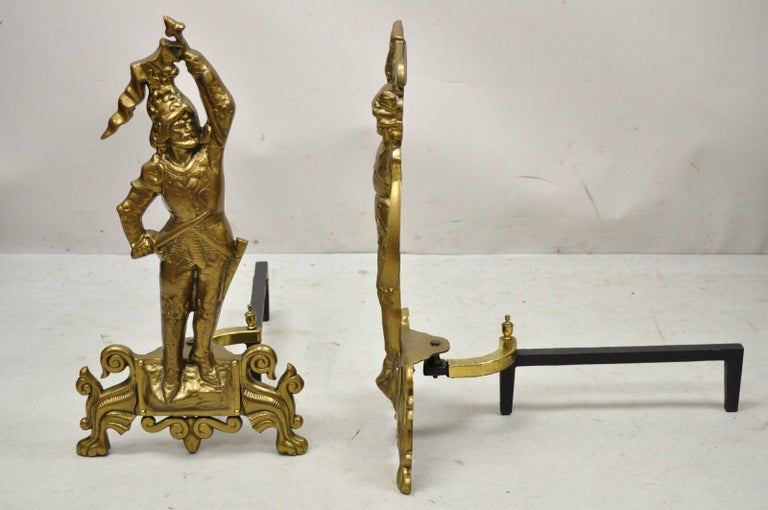 Vtg Cast Brass Figural Renaissance Soldier Warrior Fireplace Andirons ...