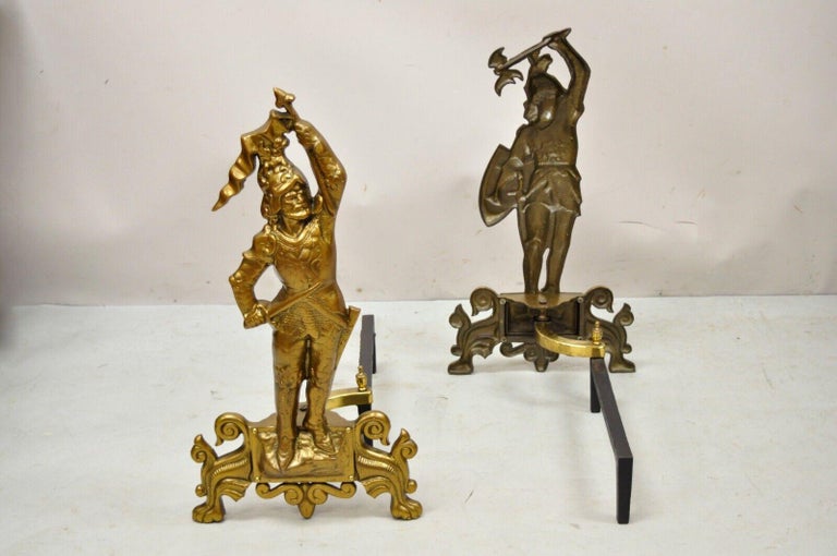 Vtg Cast Brass Figural Renaissance Soldier Warrior Fireplace Andirons ...
