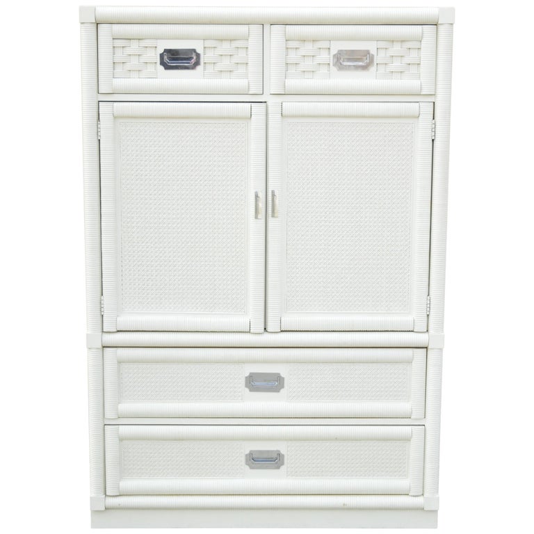 Dixie Cane Rattan Campaign Style White Tall Chest Armoire Dresser ...