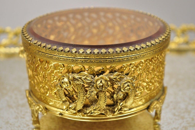 Vtg Filigree Gold French Vanity Set Perfume Bottles Clock Jewelry Box ...