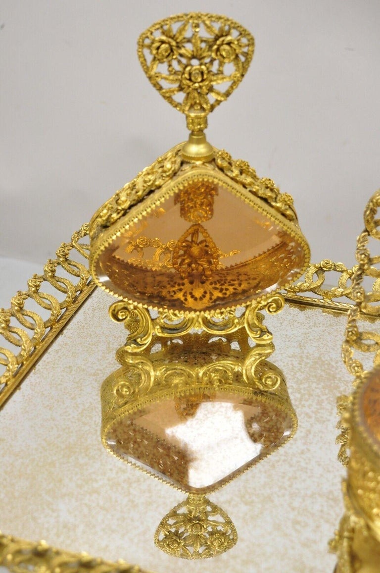 Vtg Filigree Gold French Vanity Set Perfume Bottles Clock Jewelry Box ...