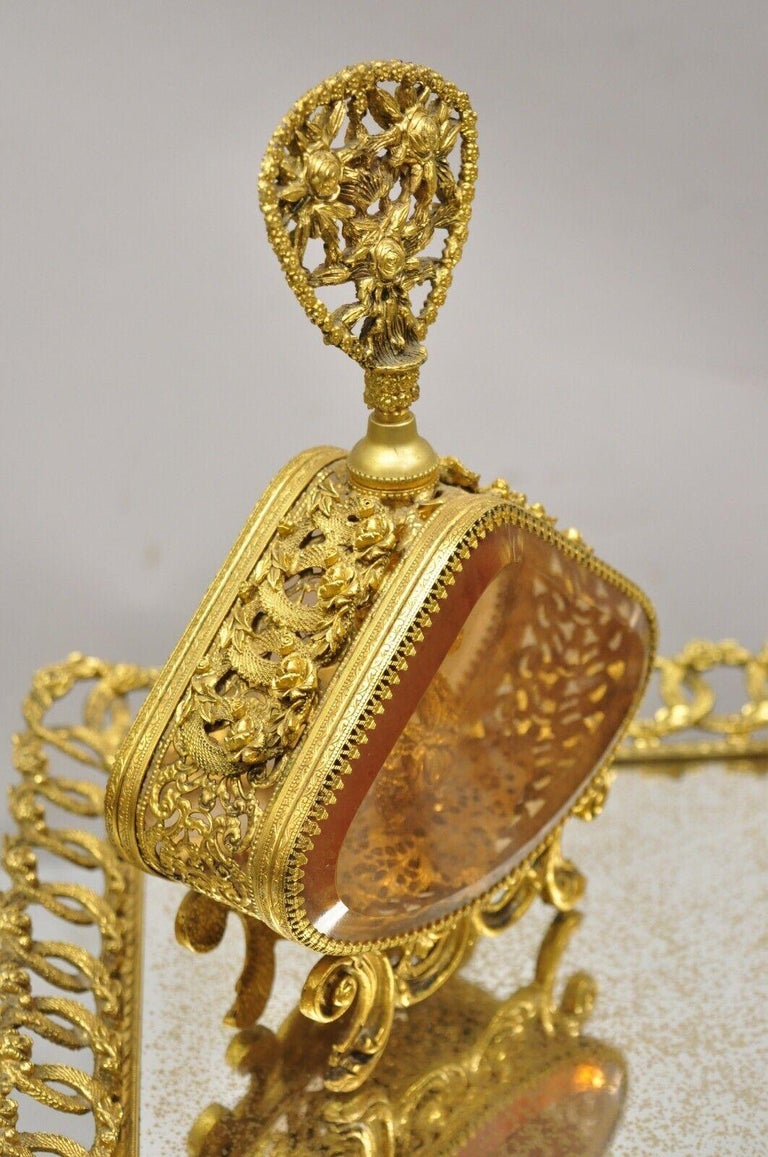 Vtg Filigree Gold French Vanity Set Perfume Bottles Clock Jewelry Box ...