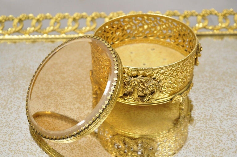 Vtg Filigree Gold French Vanity Set Perfume Bottles Clock Jewelry Box ...