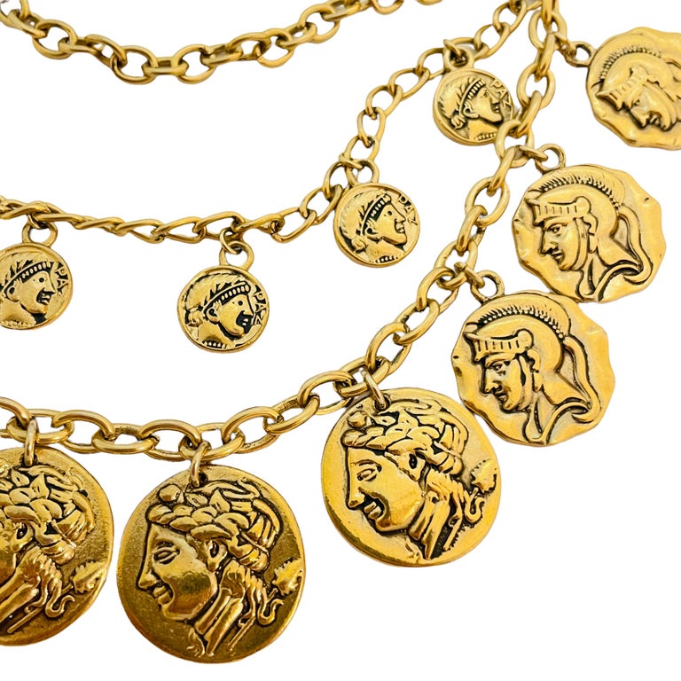 Vtg gold coin charm chain necklace designer runway For Sale at 1stDibs