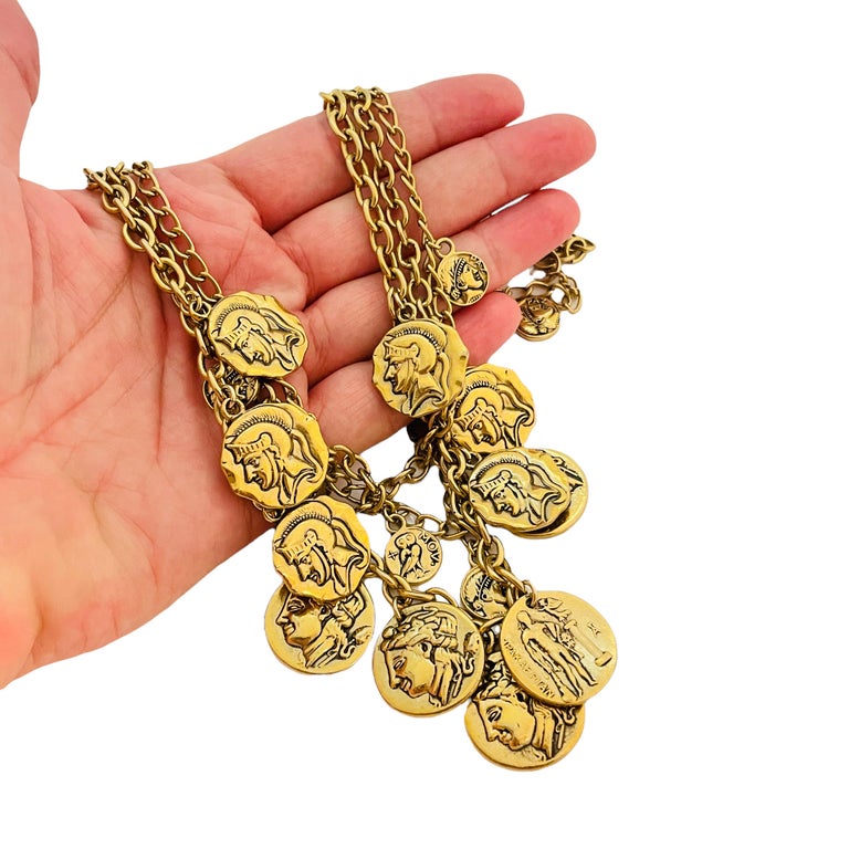 Vtg gold coin charm chain necklace designer runway For Sale at 1stDibs