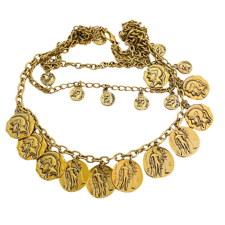 Vtg gold coin charm chain necklace designer runway For Sale at 1stDibs