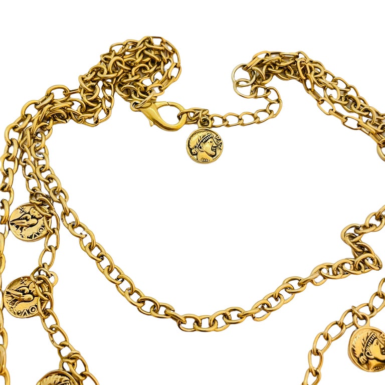 Vtg gold coin charm chain necklace designer runway For Sale at 1stDibs