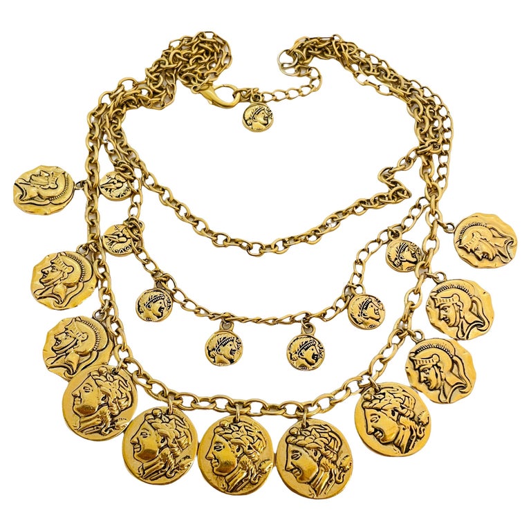 Vtg gold coin charm chain necklace designer runway For Sale at 1stDibs