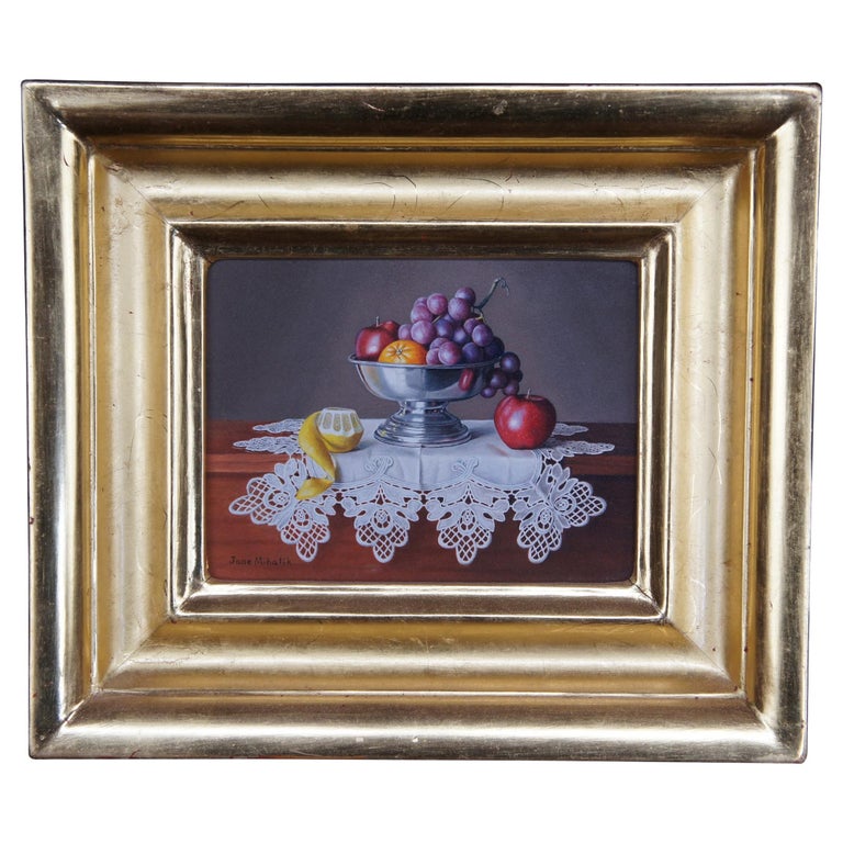 Vtg Jane Mihalik Miniature Still Life French Bordeaux Grape Wine Oil on ...