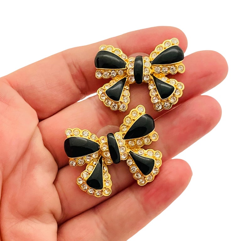 Vtg JOAN RIVERS gold bow enamel rhinestone designer runway pierced ...