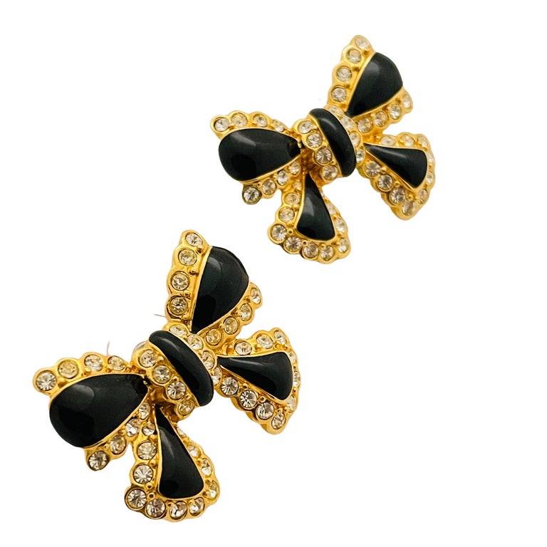 Vtg JOAN RIVERS gold bow enamel rhinestone designer runway pierced ...