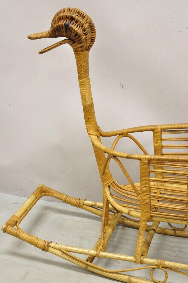 Vtg Mid Century Modern Wicker Rattan Figural Duck Rocker Bassinet ...