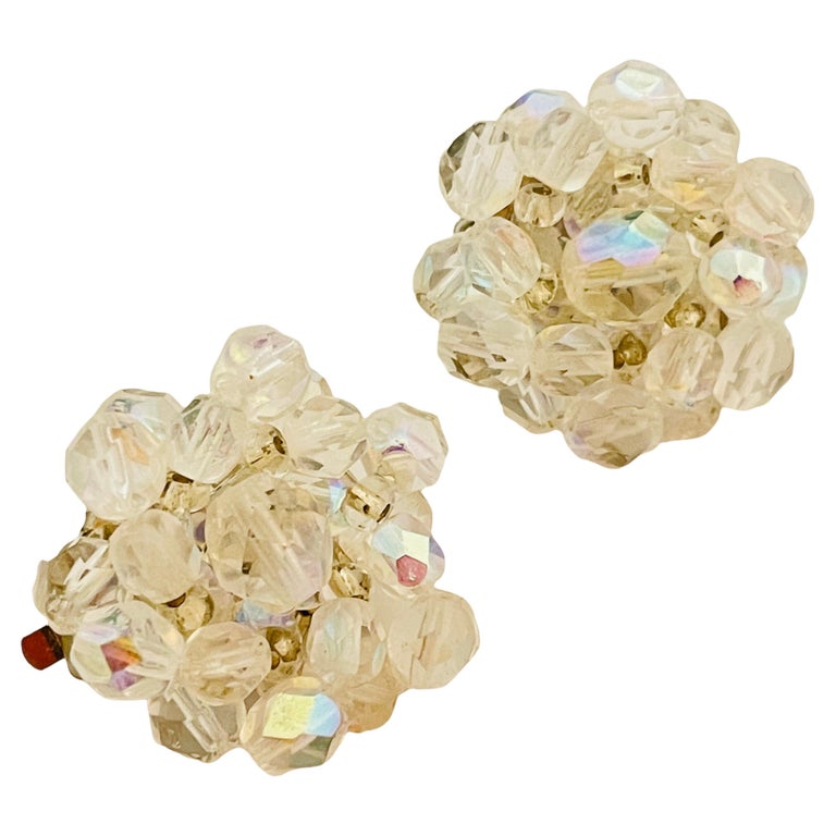 Vtg silver tone ab crystal cluster clip on earrings For Sale at 1stDibs