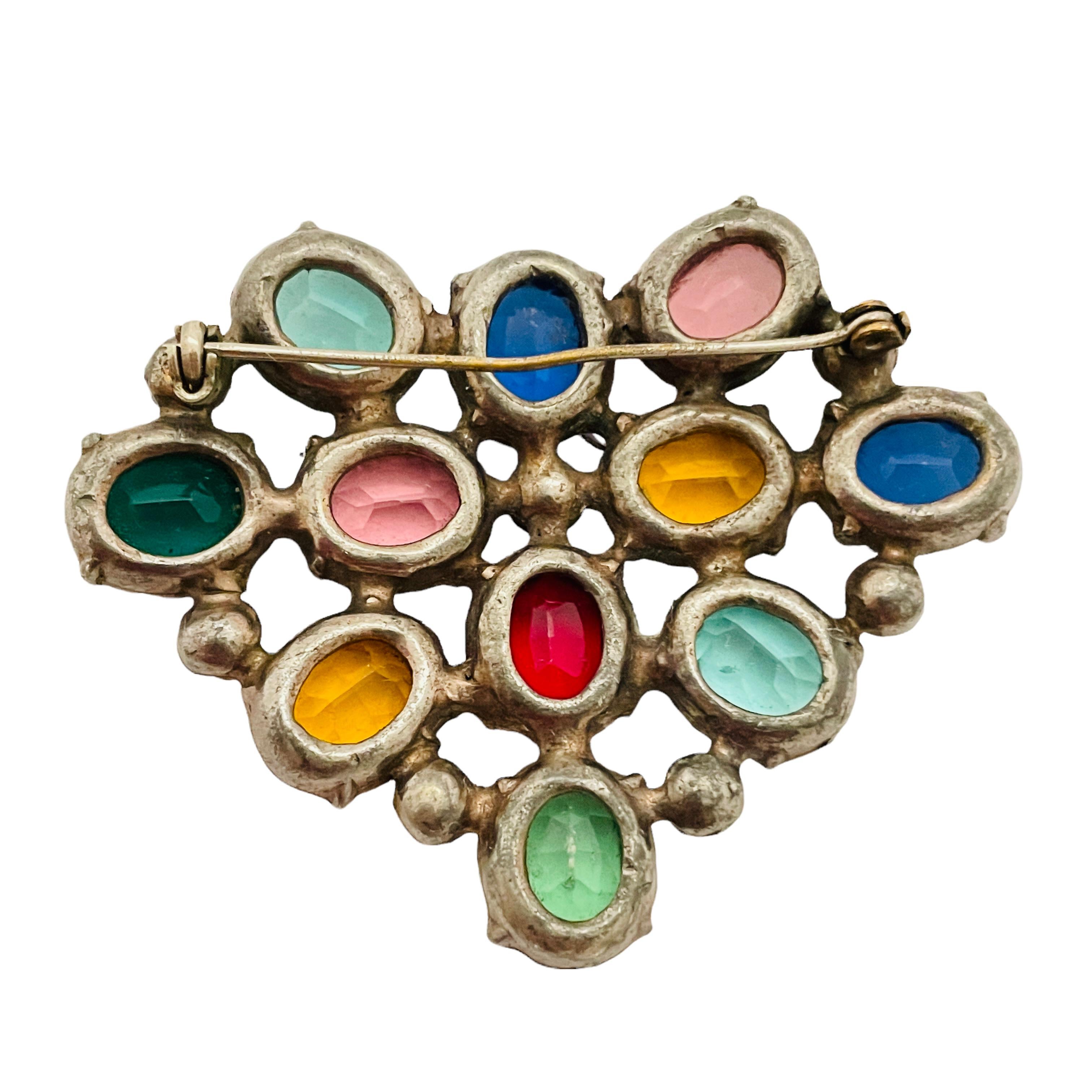 Vtg silver tone older fruit salad paste stones unsigned designer brooch ...