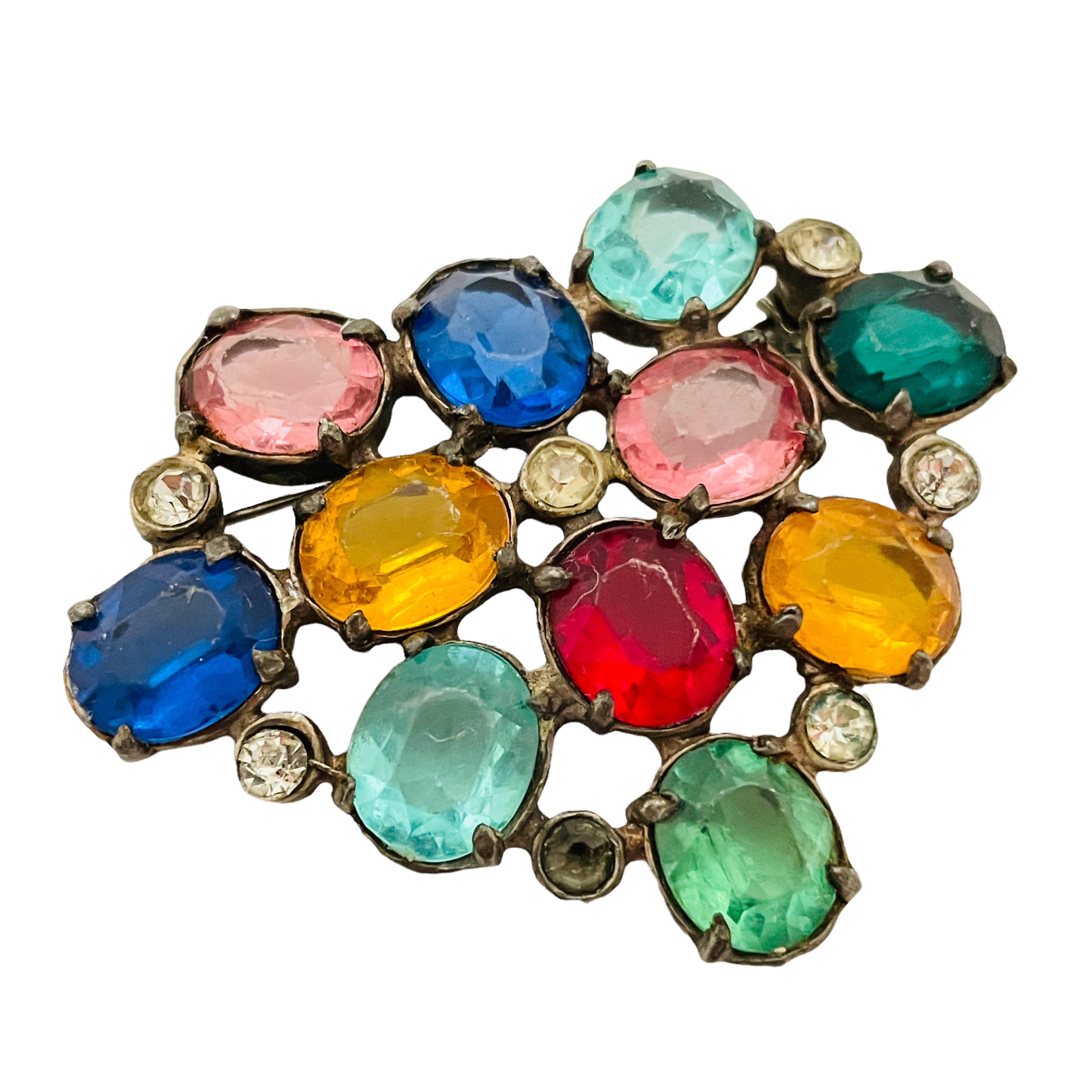 Vtg silver tone older fruit salad paste stones unsigned designer brooch ...