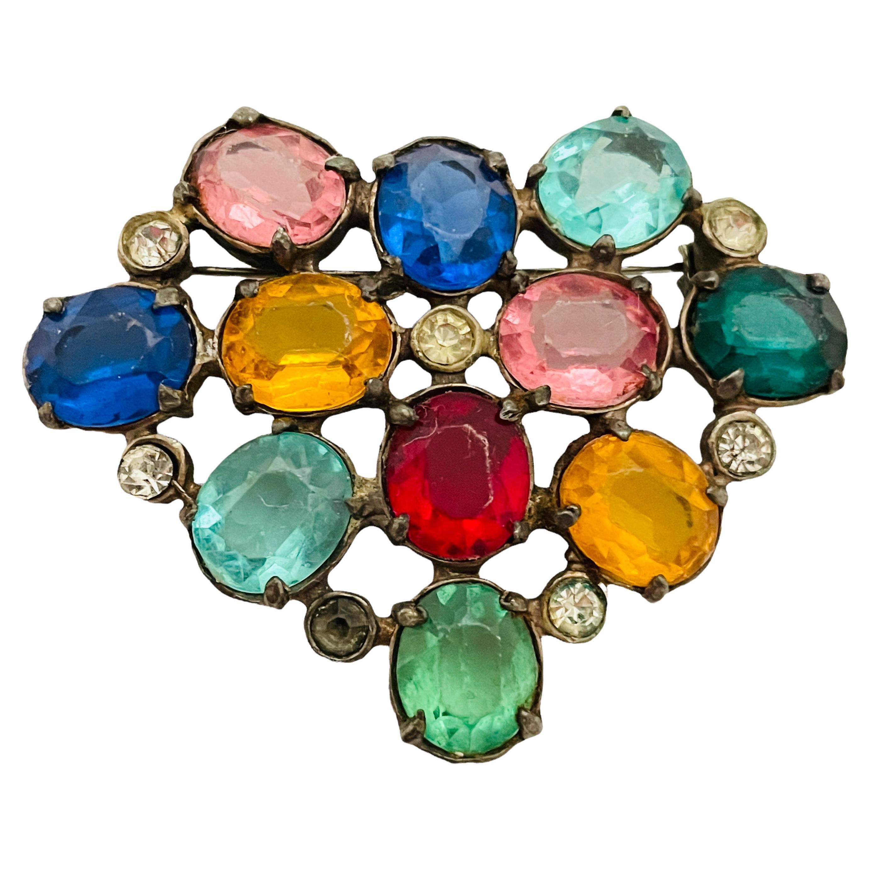Vtg silver tone older fruit salad paste stones unsigned designer brooch ...