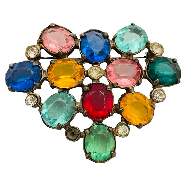 Vtg silver tone older fruit salad paste stones unsigned designer brooch ...