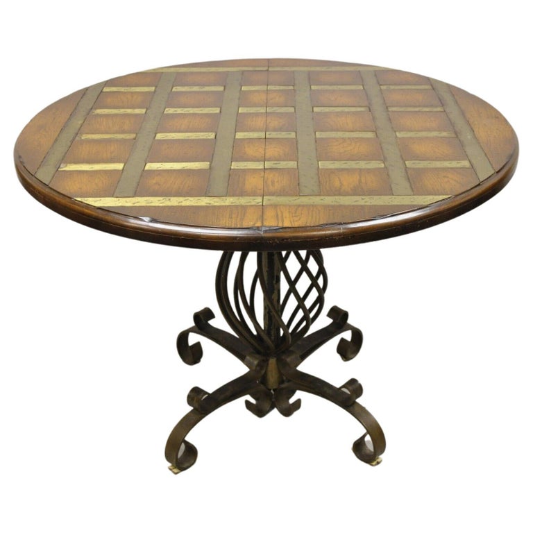 Vtg Spanish Rustic Twisted Iron Pedestal Metal Inlay Round Dining Table ...