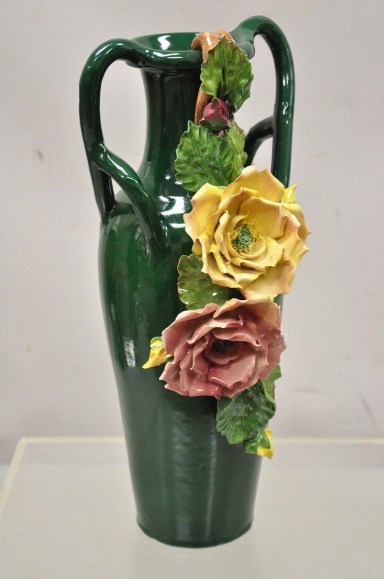 Vtg Victorian Style Green Ceramic Capodimonte Vase with Pink Yellow ...