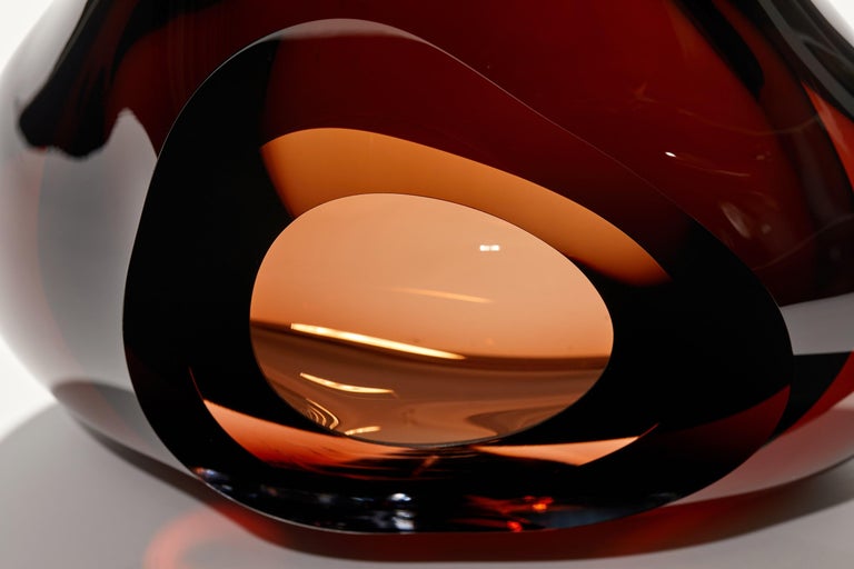 Vug in Dark Amber and Olive Green, Abstract Glass Sculpture by Samantha ...