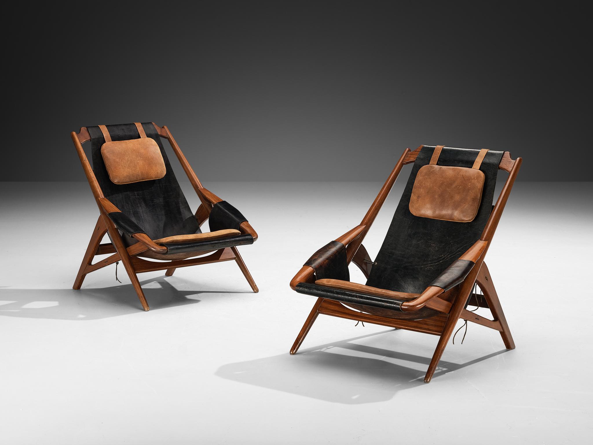 W. Andersag Pair of Lounge Chairs in Patinated Leather and Teak For ...