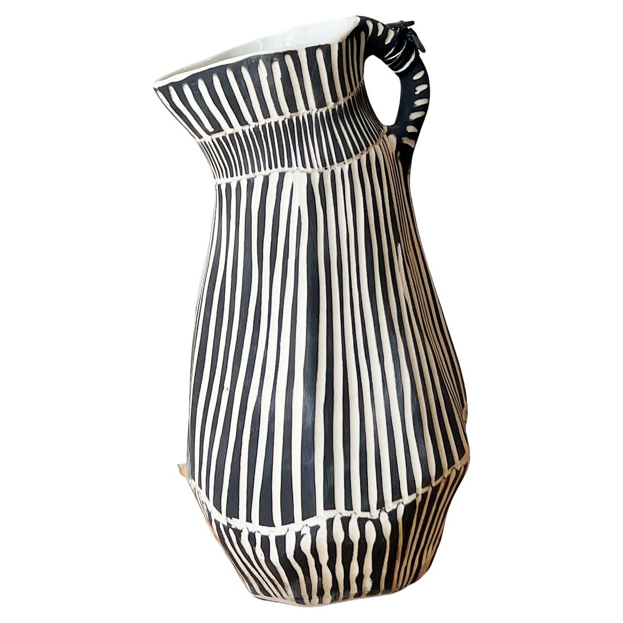 Tiled Handmade Whimsical Ceramic Jug in White and Blue Stripes w/ Beads ...