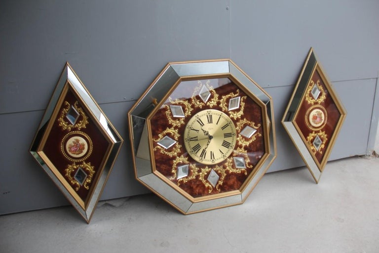 Wall Clock in Brass Velvet Hexagonal and Rhombus Mirrors Made in Italy ...
