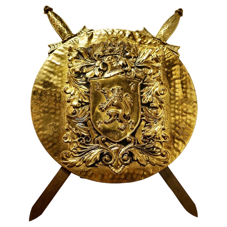 Wall Hanging Arts and Crafts Brass Shield with Cross Swords For Sale at ...
