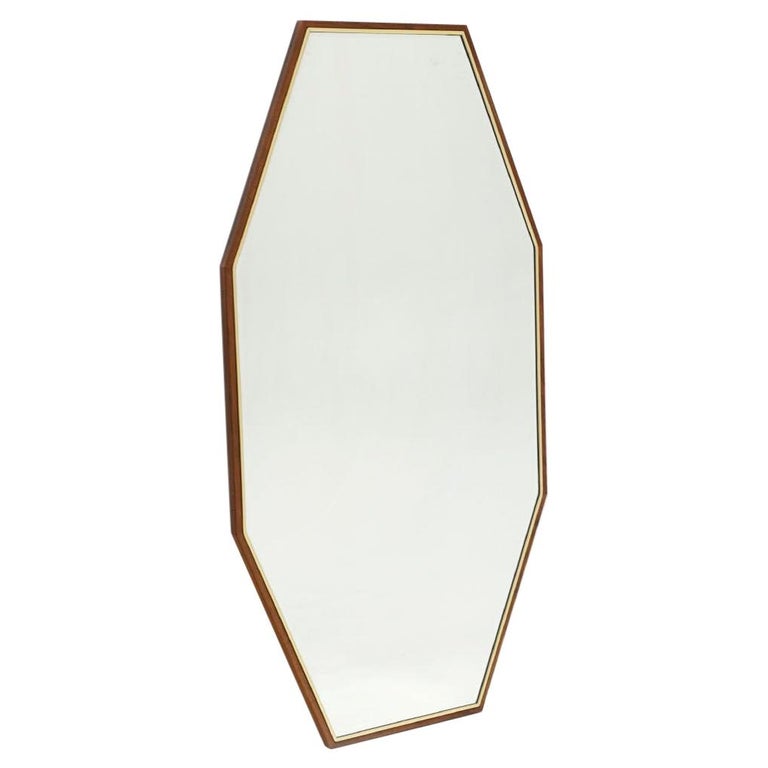 Wall Mirror, Eight Sided with Danish Modern Teak and Brass Frame at 1stDibs
