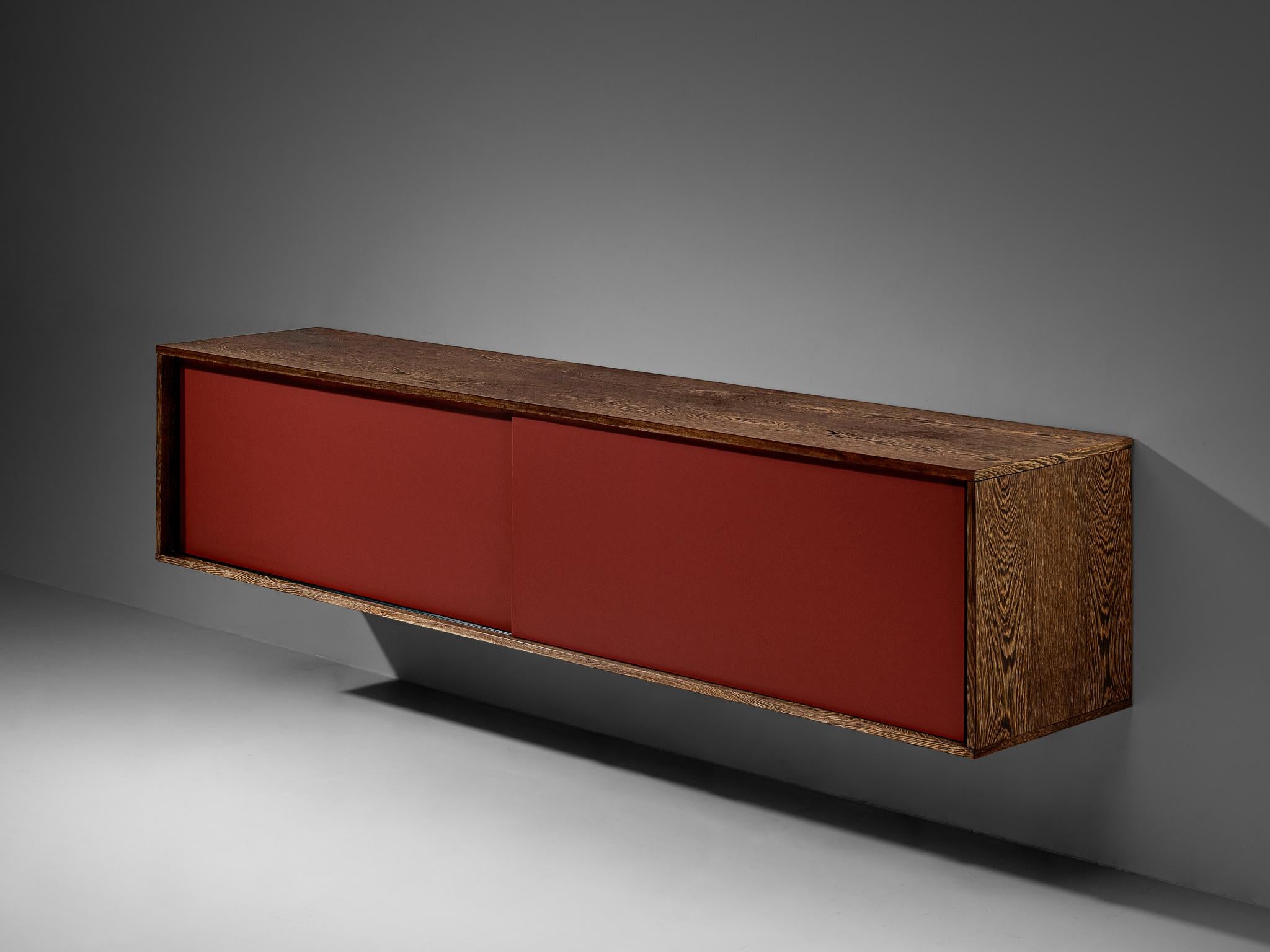 Wall Mounted Sideboard in Wengé with Red Sliding Doors For Sale at 1stDibs