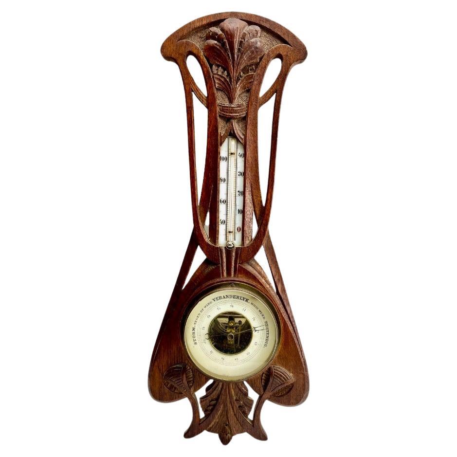 Masterly Carved Gothic Revival Oak Wall Barometer and Thermometer ...