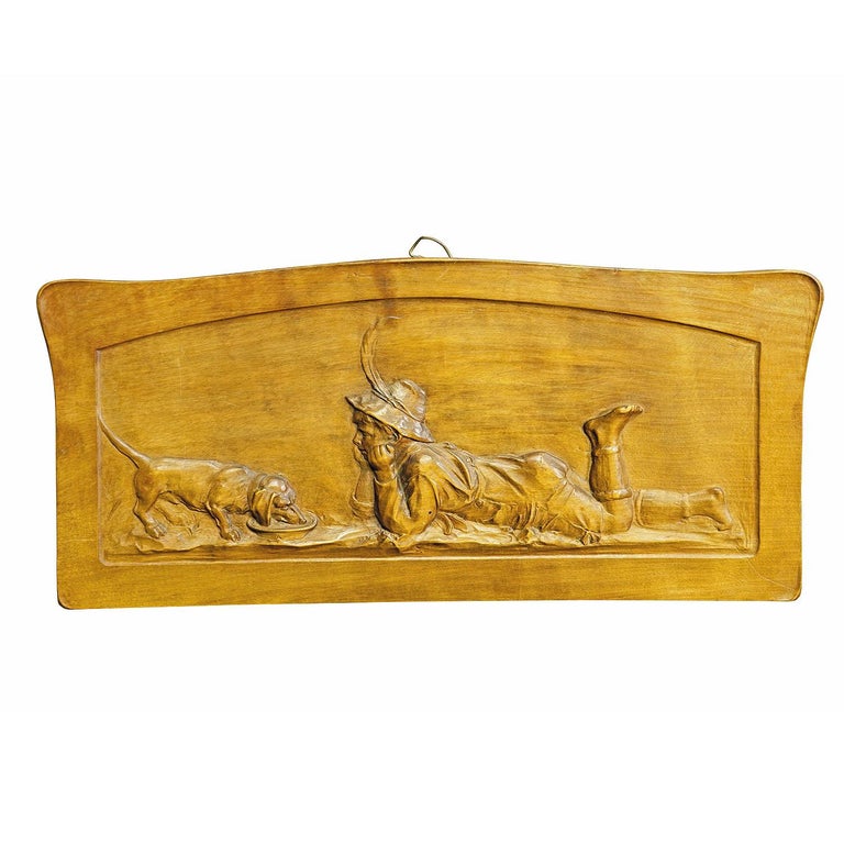 Wall Relief Wood Carving with Farmer Boy and Dachshund, circa 1900 For ...
