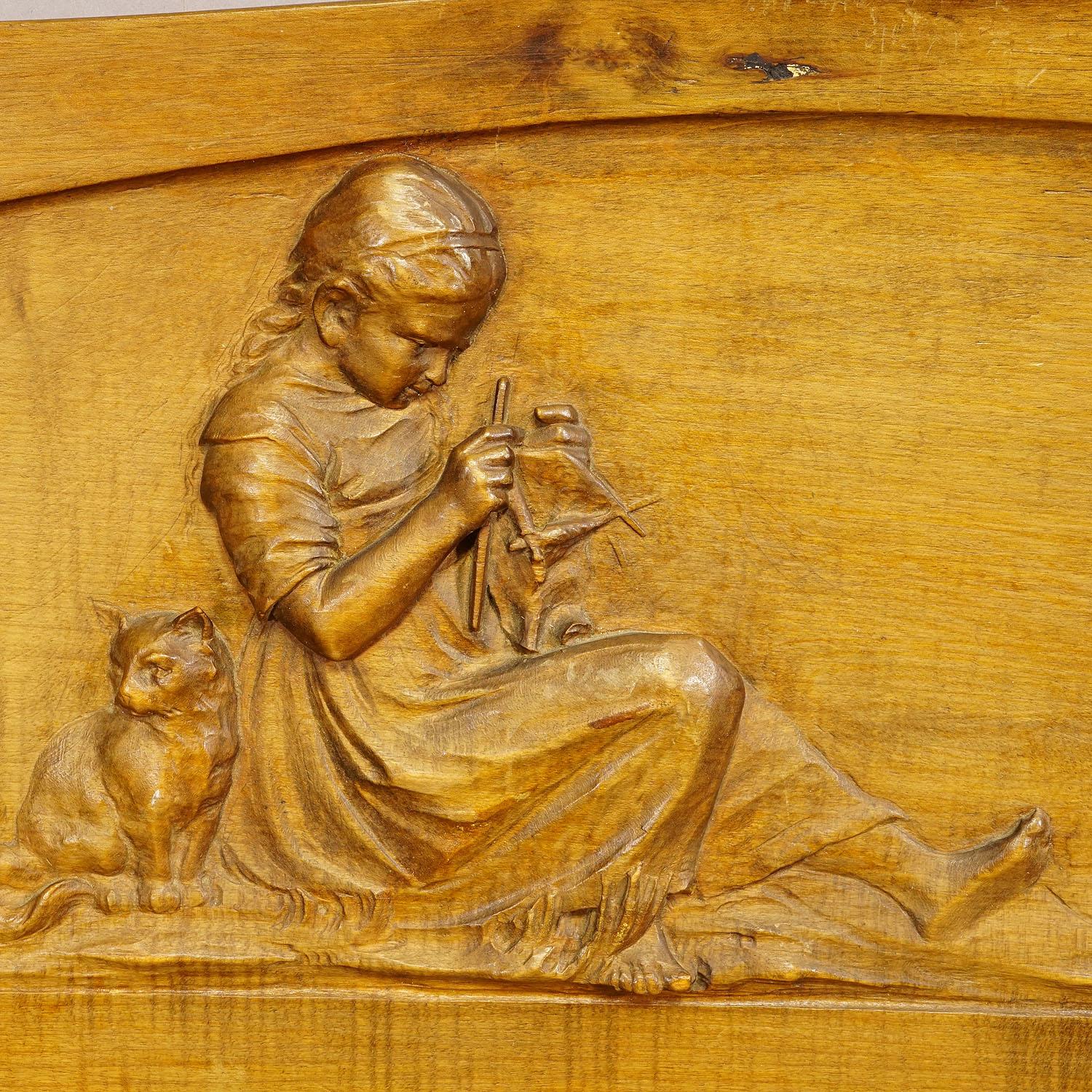 Wall Relief Wood Carving with Farmer Girl and Kitten, circa 1900 For ...