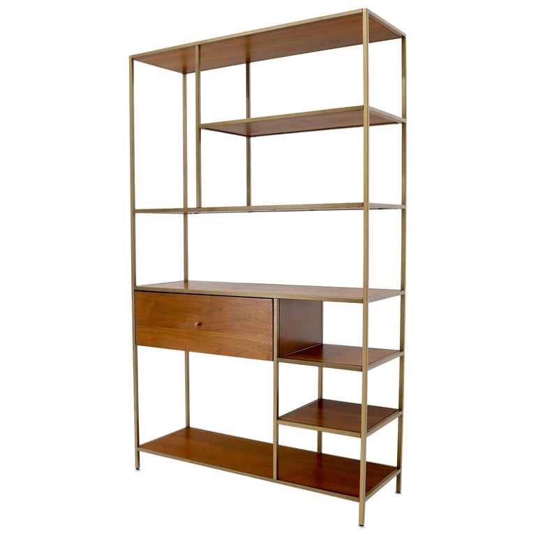 Walnut and Brass Etagere Bookcase Shelving Wall Unit McCobb Style at ...