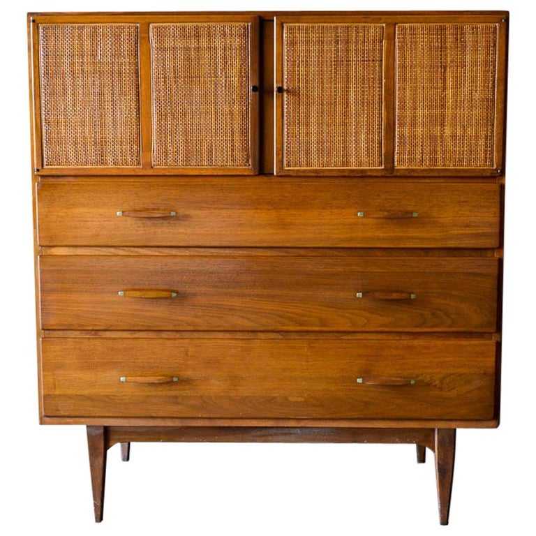 Walnut, Cane and Brass Highboy or Gentlemen's Cabinet by Conant Ball ...