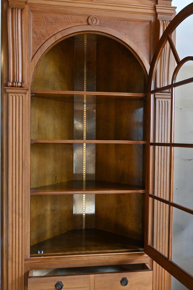 Walnut Corner Cabinet with Arched Window and Urn Finial at 1stDibs