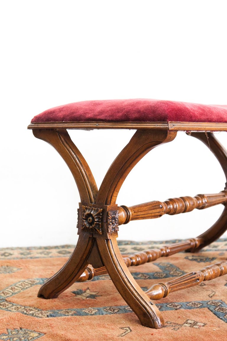 Walnut Cross Leg Stretcher Carved Stool For Sale at 1stDibs