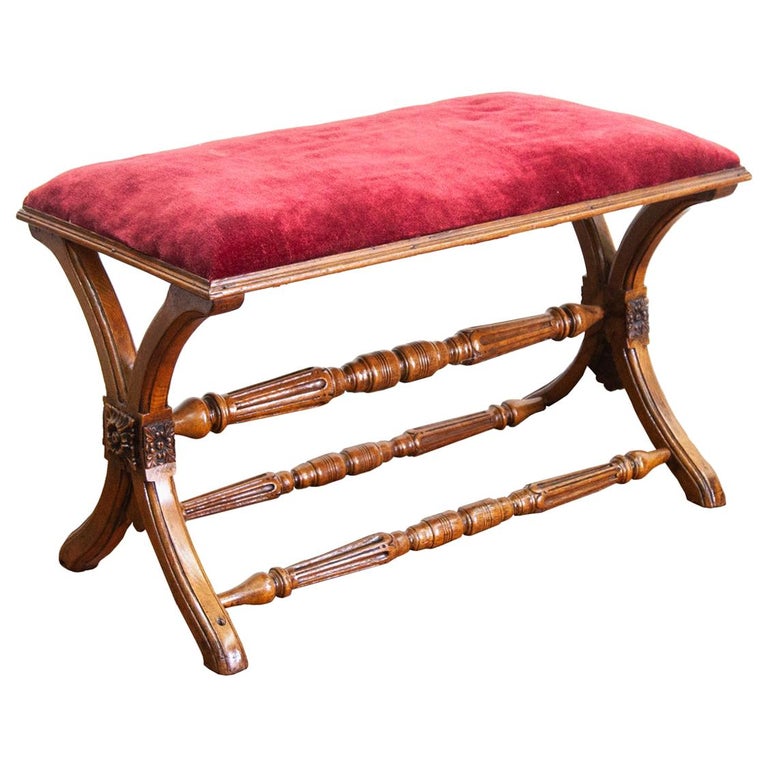 Walnut Cross Leg Stretcher Carved Stool For Sale at 1stDibs