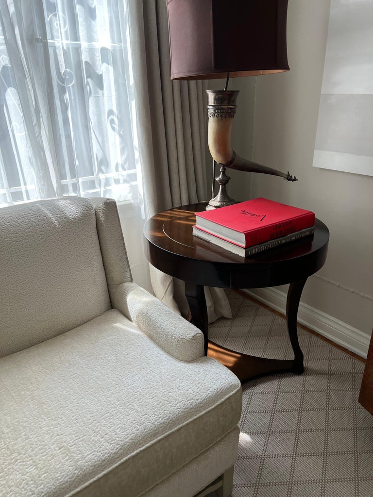 Walnut Finish Round Side Table with Router Detail to Top with Drawer ...