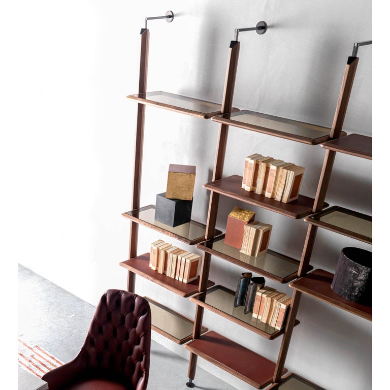 Walnut, Glass, Leather, Larry Bookcase For Sale at 1stDibs