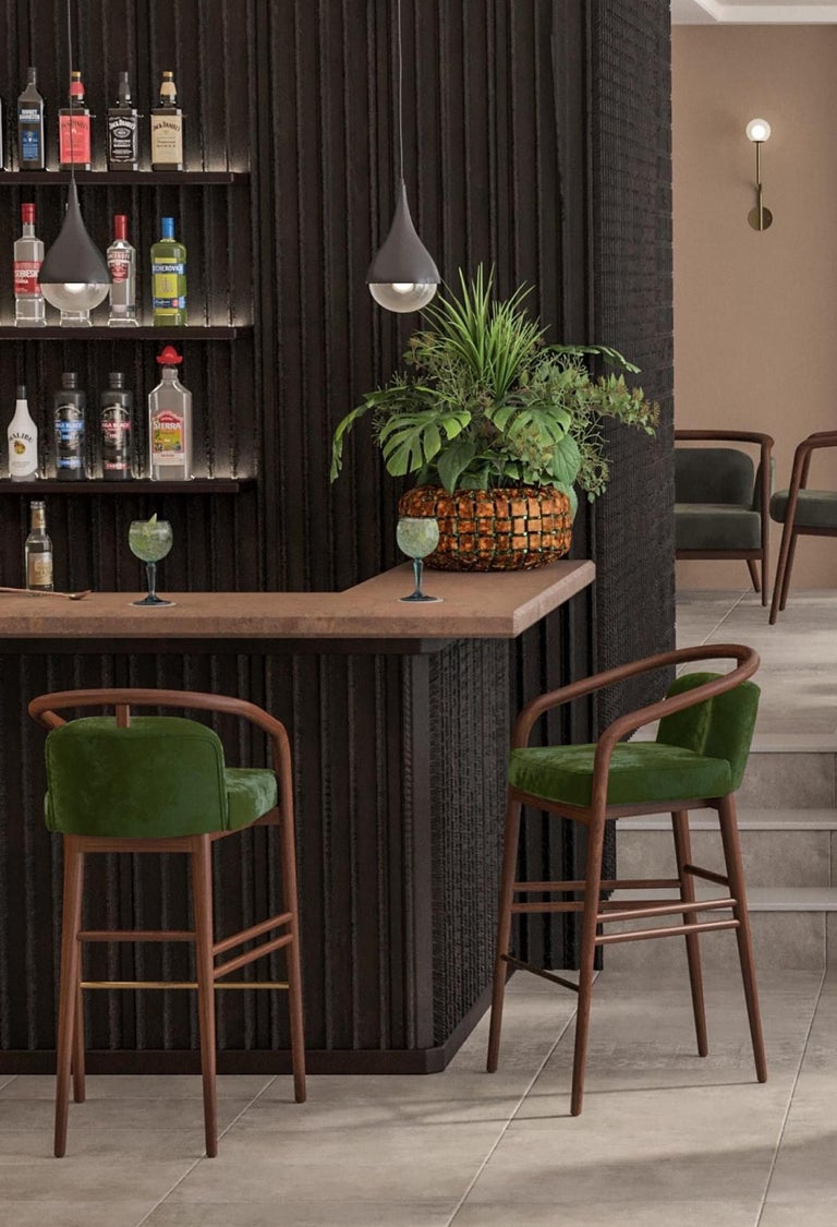 Walnut, Green Velvet Modern Essex Bar Stool For Sale at 1stDibs