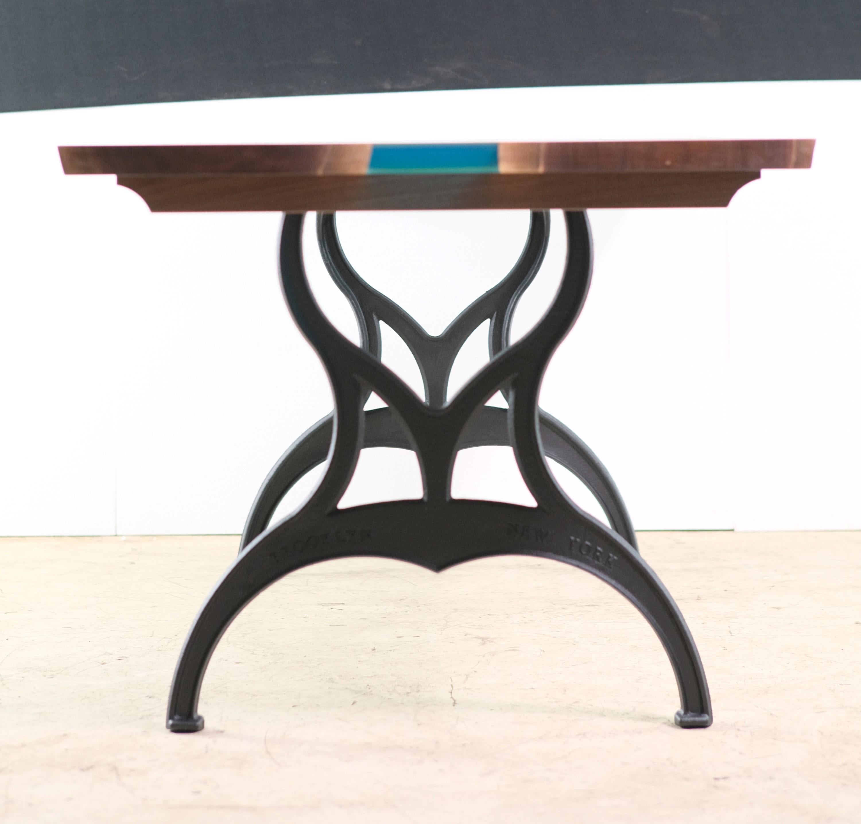 Walnut Live Edge Table w Blue Resin Details Industrial Legs Cast Iron ...